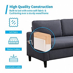 Mjkone 86" L-Shape Sectional Sofa Couch, Linen Convertible Sofa Chaise with Reversible Storage Ottoman, Large Modular Sofa with 2 Side Pockets for Living Room Apartment Studio - Dark Gray