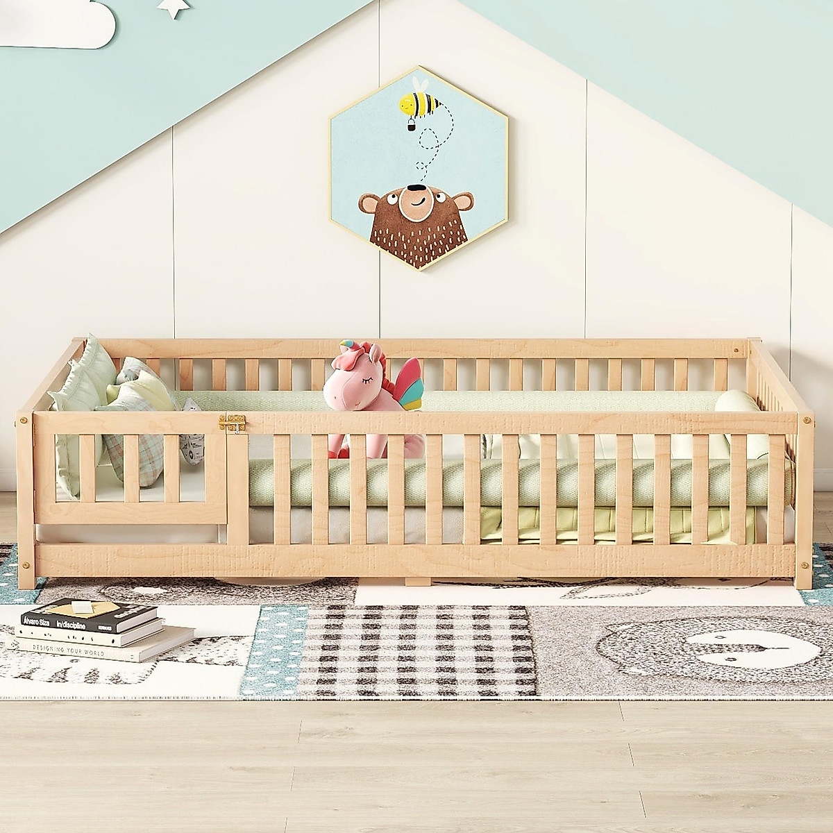 CITYLIGHT Full Size Floor Bed with Rails, Wood Montessori Floor Bed Full with Support Slats, Kids Full Bed Frame with Door Design for Boys,Girls, Natural