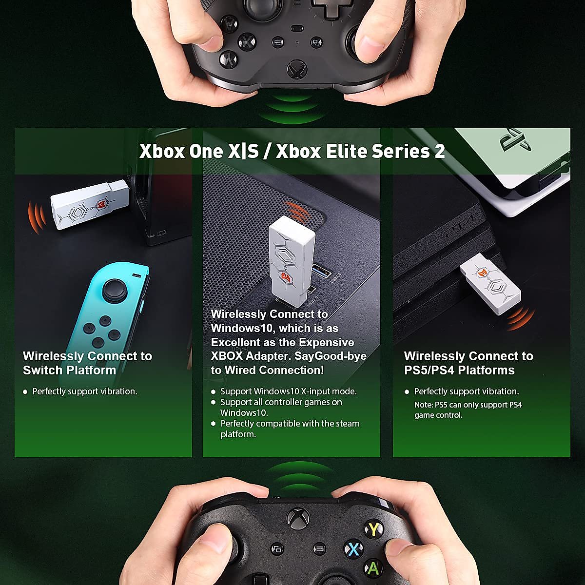 Controller Adapter, BIGBIG WON Wireless Bluetooth Controller Adapter for Xbox One X|S/Elite Series 2/PS5/PS4/Switch Pro Wireless Console Adapter for PS5/PS4/Switch/Windows 10 PC with a OTG Cable (1pc)