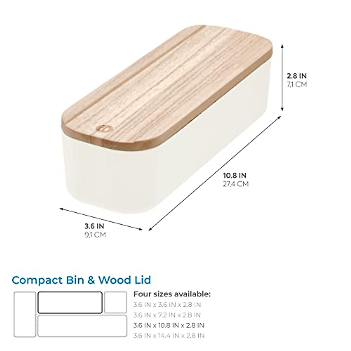 iDesign Recycled Plastic Compact Drawer Organizer Bin with Paulownia Wood Lid, Large, Coconut