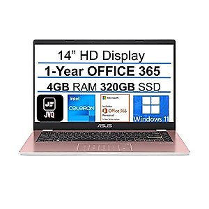 ASUS Newest 14" HD Laptop, Intel Celeron N4020 Processor(up to 2.8GHz), 320GB SSD(64GB eMMC+ 256GB SSD), 4GB RAM, Webcam, Intel HD Graphics, Bluetooth, Win11 S + 1 Year Office 365, Rose Gold, JVQ