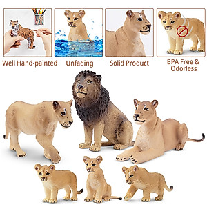 Toymany 6PCS Realistic Lion Figurines with Lion Cubs, 2-5" Jungle Animals Figures Family Set Includes Baby Lions, Educational Toy Cake Toppers Christmas Birthday Gift for Kids Toddlers