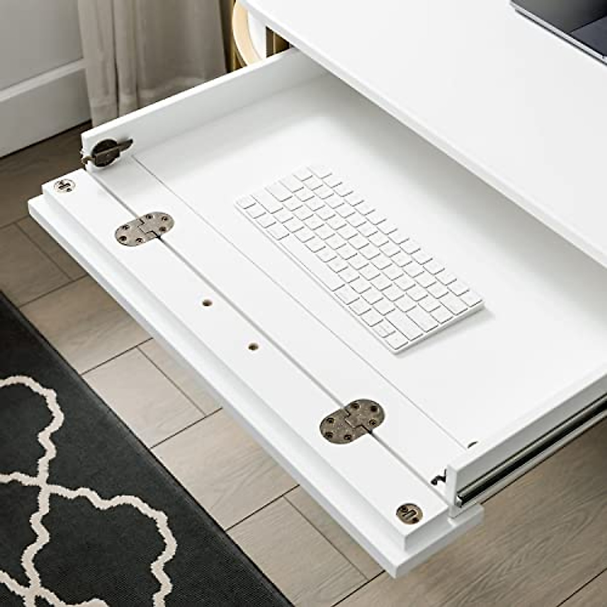 Leick Home 85405 Oval Metal Leg Desk with Drop Front Keyboard Drawer, Cottage White/Gold