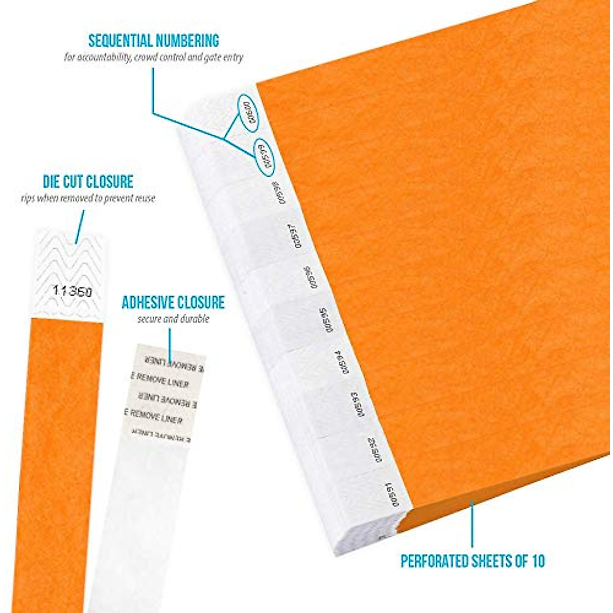 WristCo Neon Orange ¾” Tyvek Wristbands – 500 Pack | Waterproof Paper Bracelets for Concerts & Events