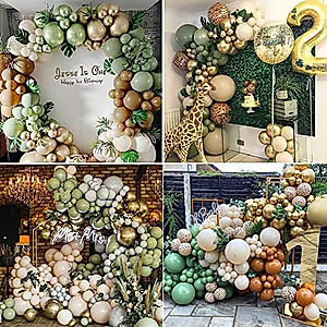 DUILE Sage Green Balloon Garland Arch Kit Jungle Safari Woodland Balloon Garland Arch Sage Green Brown Beige Gold Balloons for Baby Shower Wild One Safari Birthday Decorations