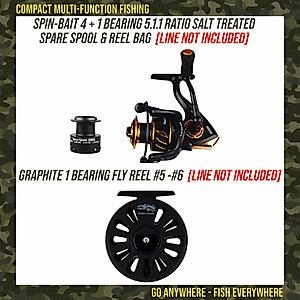 Rigged and Ready X5 Travel Fishing Combination.Super Compact,Carry Size 40cm(15.8’),Multi-Functional Rod+4 Tips,1 Spin Reel +1 Fly Reel + case. 1 Rod 5 Fishing Options.2.22m(7’ 3”)+1.9m (6'3") Length