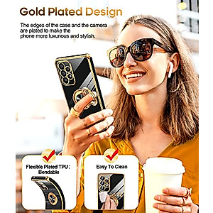 LeYi for Galaxy A53 5G Phone Case: with Tempered Glass Screen Protector [2 Pack] 360° Rotatable Ring Holder Magnetic Kickstand, Plating Rose Gold Edge Protective Case, Black