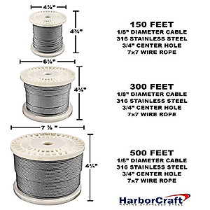 HarborCraft 500 Feet of 1/8" 316 Stainless Steel Wire Rope Aircraft Cable for Deck Cable Railing Kits DIY Balustrades 7x7