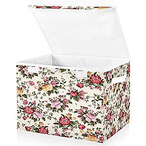 Floral Pattern Storage Basket 16.5x12.6x11.8 In Collapsible Fabric Storage Cubes Organizer Large Storage Bin with Lids and Handles for Shelves Bedroom Closet Office