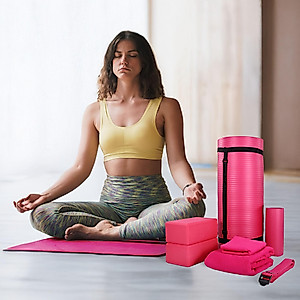 BalanceFrom 7-Piece Home Gym Yoga Set with 1-Inch Thick Yoga Mat, 2 Yoga Blocks, Mat Towel, Hand Towel, Stretch Strap & Knee Pad, Pink