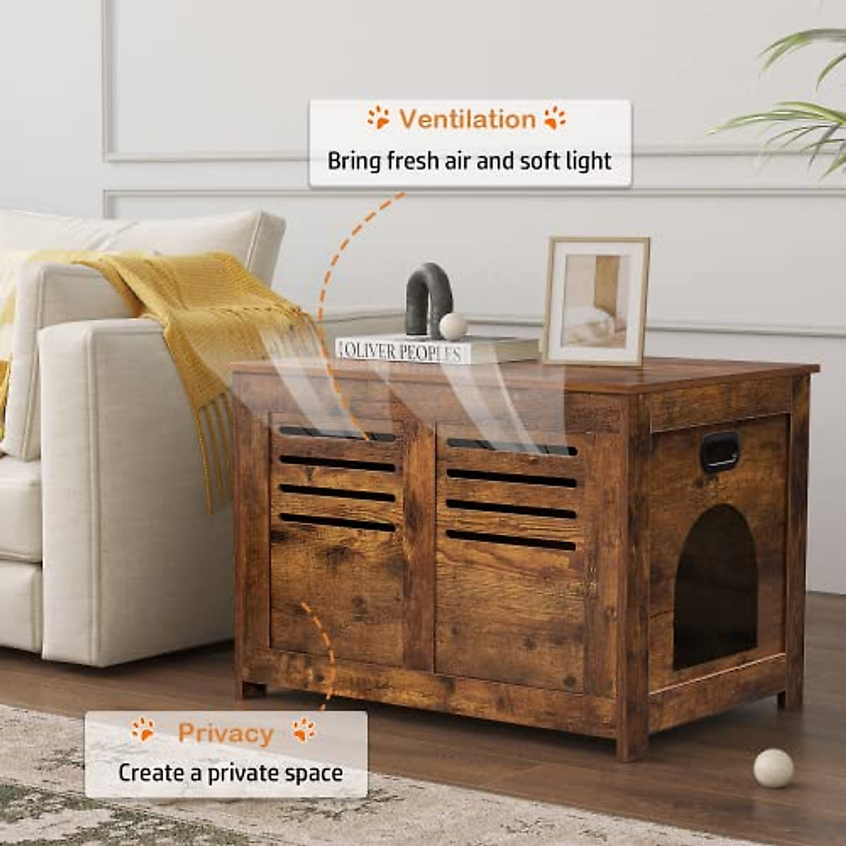 DINZI LVJ Litter Box Furniture, Flip Top Hidden Cat Washroom with Louvered Window, Entrance Can Be on Left/Right Side, Enclosed Cat Litter House Side Table for Most of Cat and Litter Box, Rustic Brown