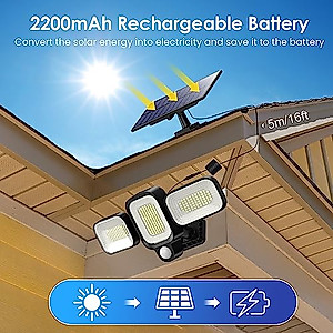 Solar Outdoor Lights, [2 Packs] 225 LED 3 Head Adjustable Motion Sensor Lights, 2500LM 330° Wide Angle Solar Flood Lights, IP65 Waterproof Wall Lamp Security Lights With 16.5Ft Cable for Garden Yard