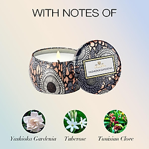 Voluspa Yashioka Gardenia, Mini Tin Candle, 4 oz, 25 Hour Burn Time, All Natural Wicks and Coconut Wax for Clean Burning, Vegan, Poured in the USA