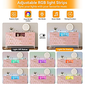 GarveeHome Pink Dresser for Bedroom with 8 Deep Drawer, 59" TV Dresser Wooden Large Long Dresser with Power Outlet and LED Lights, Modern Chest of Drawers Storage Organizer for Living Room, Hallway