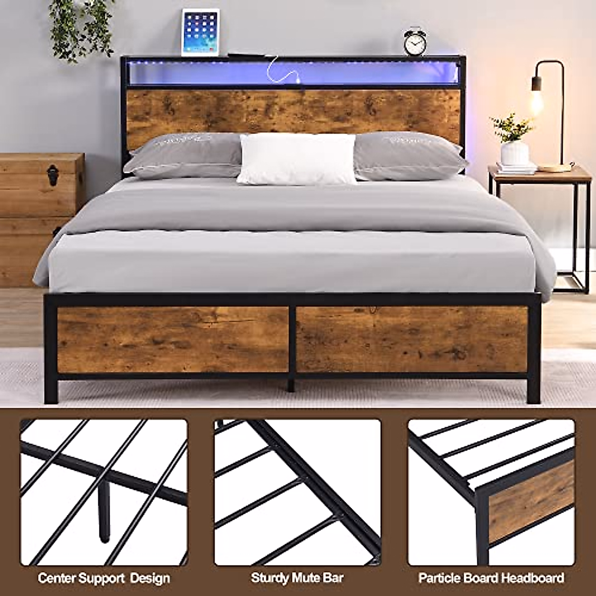 SYING88 Industrial Queen Bed Frame with LED Lights and 2 USB Ports, Bed Frame Queen Size with 2-Tier Storage Wooden Headboard, Noise Free, No Box Spring Needed, Rustic Brown (Queen)
