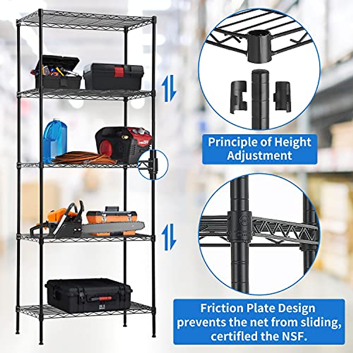 BLKMTY 5-Tier Wire Shelving Unit Metal Storage Shelf 24"x14"x60" Heavy Duty Metal Storage Rack Sturdy Wire Rack for Kitchen Bathroom Garage Shelf Pantry Organization Utility Shelves, Black