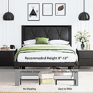Feonase Twin Size Metal Bed Frame with Fabric Button Tufted Headboard, Platform Bed Frame with Heavy Duty Metal Slats, 12" Storage Space, Noise Free, No Box Spring Needed, Dark Grey
