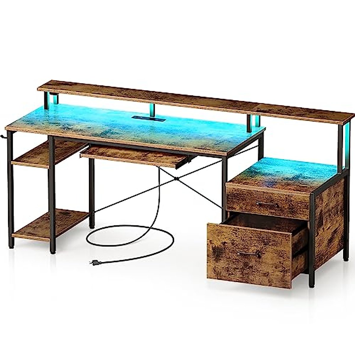 Rolanstar Computer Desk 65" with File Drawer, Gaming Desk with LED Light & Power Outlets, Home Office Desk with File Cabinet & Storage Shelves, with Monitor Stand & Keyboard Tray, Rustic Brown
