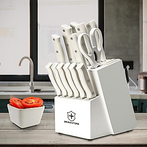 BRAVESTONE Knife Set, 15 Piece Kitchen Knife Set with Block Self Sharpening, Dishwasher Safe, Anti-slip Handle (Cream)