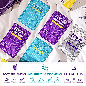 Foot Masks Puresoak Bath Foot Peel Mask (2 Pairs) + Moisturizing Foot Mask (2 Pairs) with 1Pack Epsom Salt Foot Spa Bath Kit Gift Set | Lavender Bliss Foot Peel Mask Lemongrass & Aloe Moisturizing Mask Foot Relaxing Soft Treatment for Women & Men Foot Car