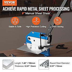 VEVOR Hand Plate Shear 8", Manual Metal Cutter Cutting Thickness1/4 Inch Thick Max, Metal Steel Frame Snip Machine Benchtop 7/16 Inch Rod, for Shear Carbon Steel Plates and Bars , Blue