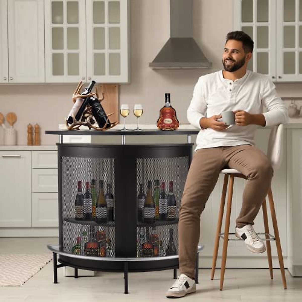 JOMEED Bar Table with Storage, High Top Table with Metal Mesh Front, Goblet Holders and Footrest, Semi Cylindrical Shape Black Liquor Bar for Home