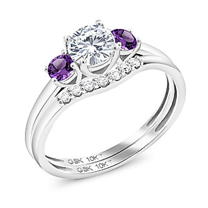 10K White Gold Moissanite From Charles & Colvard Amethyst and Lab Grown Diamond 3-Stone Bridal Engagement Wedding Ring Set For Women | 0.77 Cttw | Available in Size 5-9