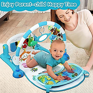 UNIH Baby Gym Play Mat, Kick and Play Piano Gym with Water Mat, Tummy Time Mat, Musical Light Activity Center for Infants Toddlers, Birthday Gift Play Mat for Newborn