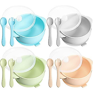 Potchen 4 Set Silicone Baby Bowls with Lid Spoon and Fork Suction Bowls for Baby Toddler Self-feeding Baby Food Bowl First Stage Dishwasher and Microwave Safe, 4 Colors