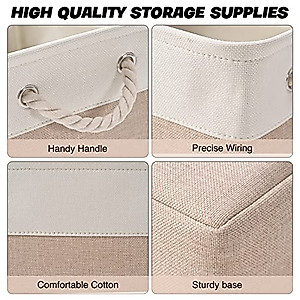 Storage Bins 3 Pack, Fabric Storage Basket for Collapsible Large Canvas Storage Baskets for Organizing Shelf Nursery Home Closet with Cotton Rope Handle (White&Khaki-15(L) x 11(W) x 9.5(H) in-3PCS)