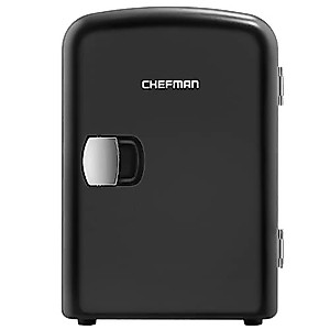 Chefman Mini Portable Black Personal Fridge Cools Or Heats and Provides Compact Storage For Skincare, Snacks, Or 6 12oz Cans W/A Lightweight 4-liter Capacity To Take On The Go