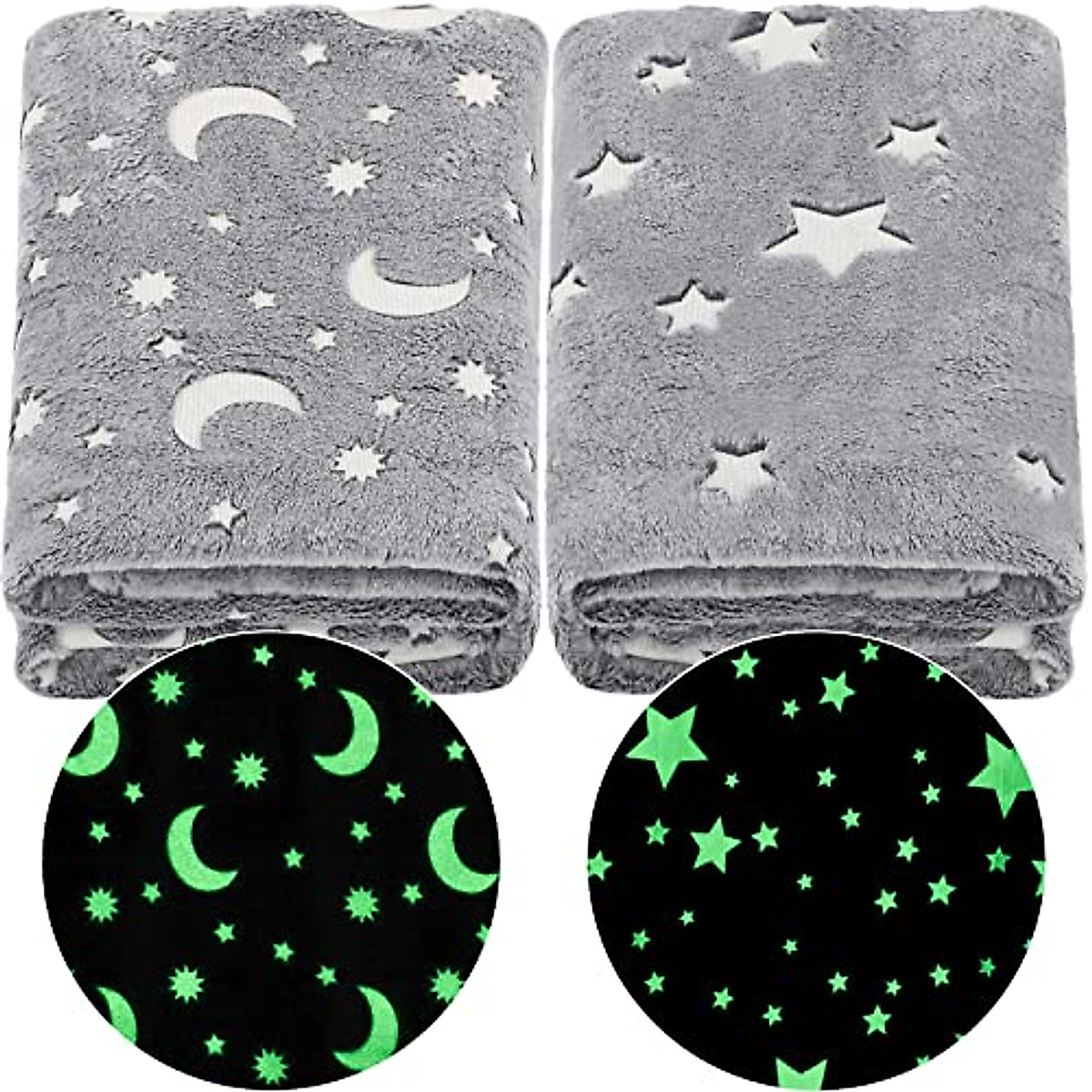 Chumia 2 Pieces Glow in The Dark Throw Blanket Flannel Fleece Blanket Soft Warm Cozy Kid Throw Blanket for Boys Girls, 47 x 59 Inch (Moon, Star)