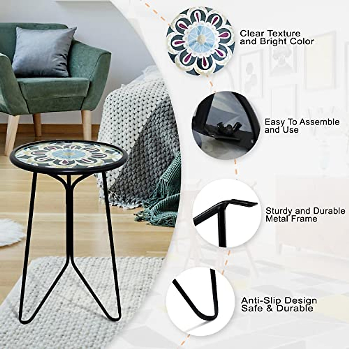 LIFFY Outdoor Side Tables, 12" Weather Resistant Metal & Glass Patio Accent Side Table, Indoor Small Round Home Decorative End Table, Plant Stands Table Outside, for Yard Balcony Garden Bedside