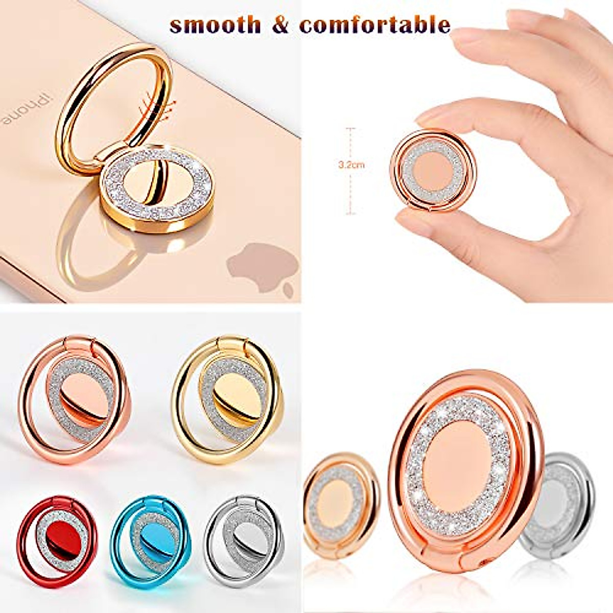 RXKEJI Cell Phone Ring Stand Finger Holder Sparkle Glitter Grip Kickstand Compatible with Universal Tablet iPad Smartphone iPhone 12 11 Pro Xs Max XR 7 8 Plus Samsung Galaxy S10 S20 Note 20 Red