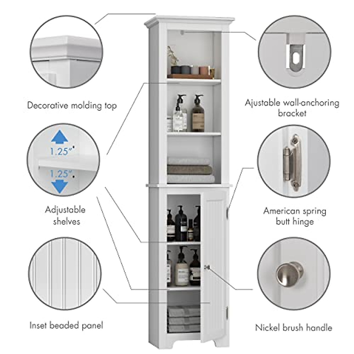 UTEX 64" Freestanding Storage Cabinet, Bathroom Tall Cabinet with Doors and Shelves, Free Standing Linen Tower, Home Storage Furniture,White