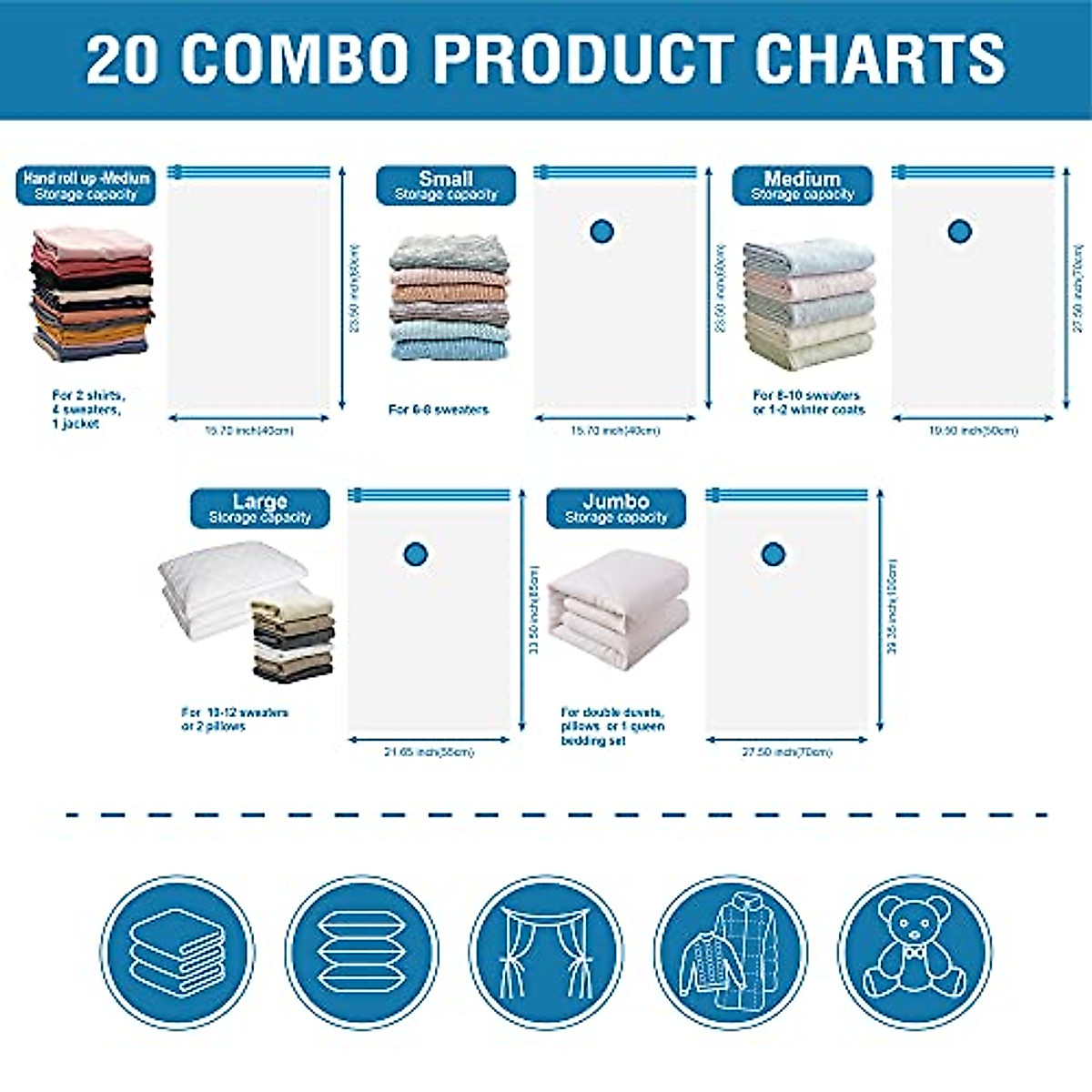 20 Pack Vacuum Storage Bags, Space Saver Bags (4 Jumbo/4 Large/4 Medium/4 Small/4 Roll) Compression Storage Bags for Comforters and Blankets, Vacuum Sealer Bags for Clothes Storage, Hand Pump Included