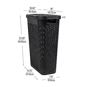 Mind Reader 40L Slim Laundry Hamper, Clothes Basket, Lid, Wicker Design, Plastic, 18"L x 10.4"W x 23.5"H, Black