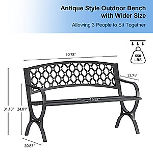 Outdoor Garden Bench, Weatherproof Patio Park Benches Clearance with Anti-Rust Frame, 550 LBs Capacity Loveseat Chairs Ergonomic Backrest for Porch, Path, Yard, Lawn, Entryway, 50'' Furniture, Black