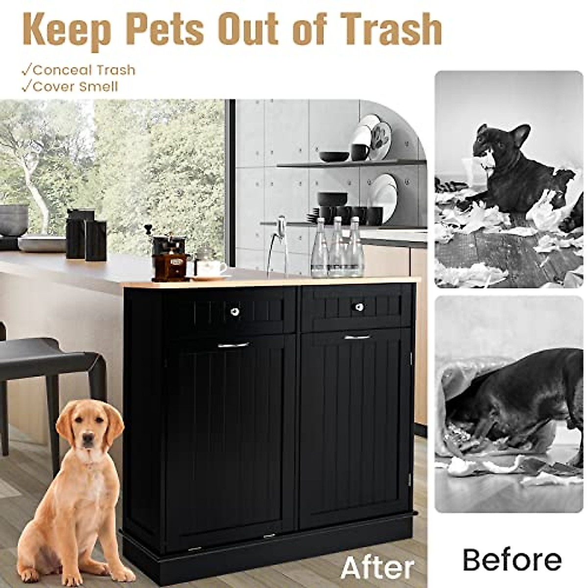 LOKO Tilt Out Trash Cabinet, Kitchen Trash Cabinet with 2 Drawers & Adjustable Shelf, Pet Proof Trash Can Cabinet with Rubber Wood Tabletop, 39.5 x 14 x 35.5 inches (Black)