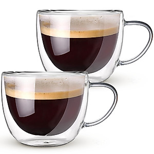 Double Walled Glass Coffee Mugs Set of 2, 8 oz Hand Blown Insulated Coffee Mugs with Handle, Clear Coffee Mugs for Cappuccino, Latte, Americano, Tea Bag, Beverage Glasses Heat Resistant Coffee Cups