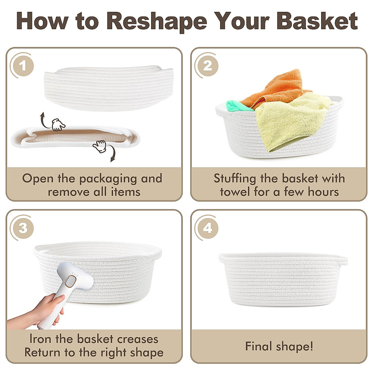 Bufims Small Woven Basket with Ribbons and Bags Durable Basket for Gifting Cute Gifts Basket 12"X 8" X 5" Small Rope Basket for Storage, White