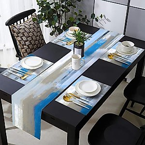 TQFZP Light Blue and Grey Abstract Modern Table Runner with Place Mats Set of 7 Graffiti Art Painting Linen Dining Mat Sets Washable Tabletop for Home Decorations 108 Inches Long