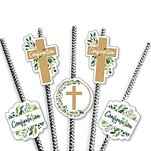 Confirmation Elegant Cross - Paper Straw Decor - Religious Party Striped Decorative Straws - Set of 24