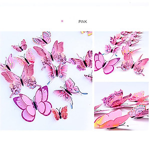 PVC Beautiful 3D Butterfly Wall Decals, 12pcs Removable DIY Home Decorations Double Layer Butterflies Wall Stickers Murals for Garden Bedroom Birthday Party Wedding TV Background Living Room(Pink)