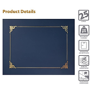 Better Office Products 25 Pack Navy Blue Certificate Holders, Diploma Holders, Document Covers with Gold Foil Border, for Letter Size Paper, 25 Count, Blue