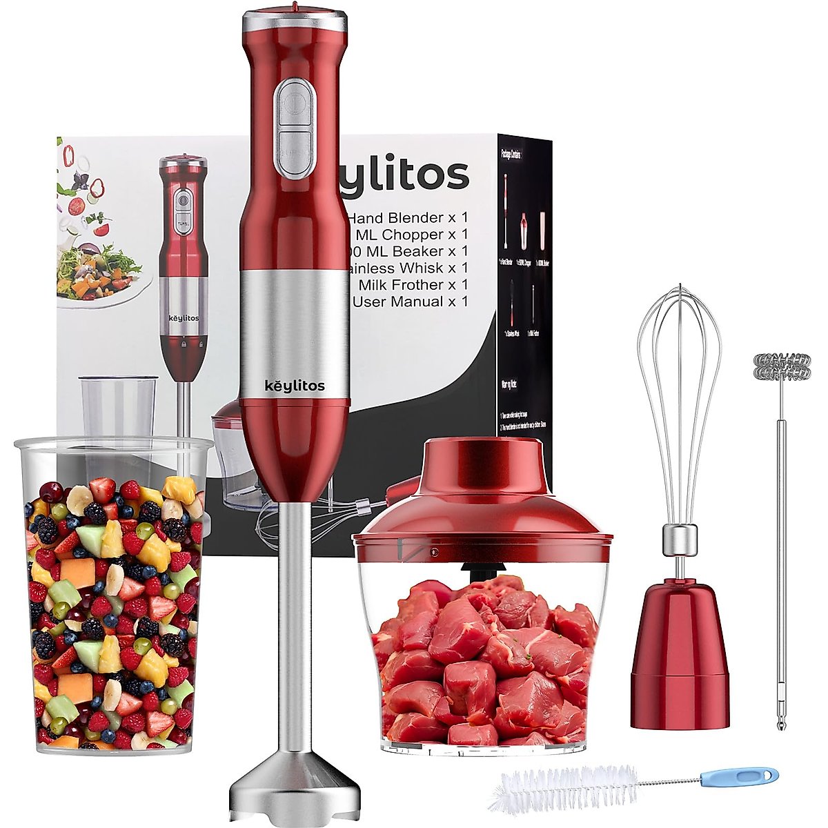 Keylitos 5 in 1 Immersion Hand Blender Mixer, [Upgraded] 1000W Handheld Stick Blender with 600ML Chopper, 800ML Beaker, Whisk and Milk Frother for Smoothie, Baby Food, Sauces Red,Puree, Soup (Red)
