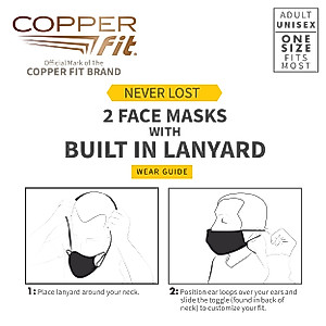 Copper Fit Unisex Never Lost Face Masks for Adults, Resuable Washable Fabic Mask, Copper Infused , 2 Pack
