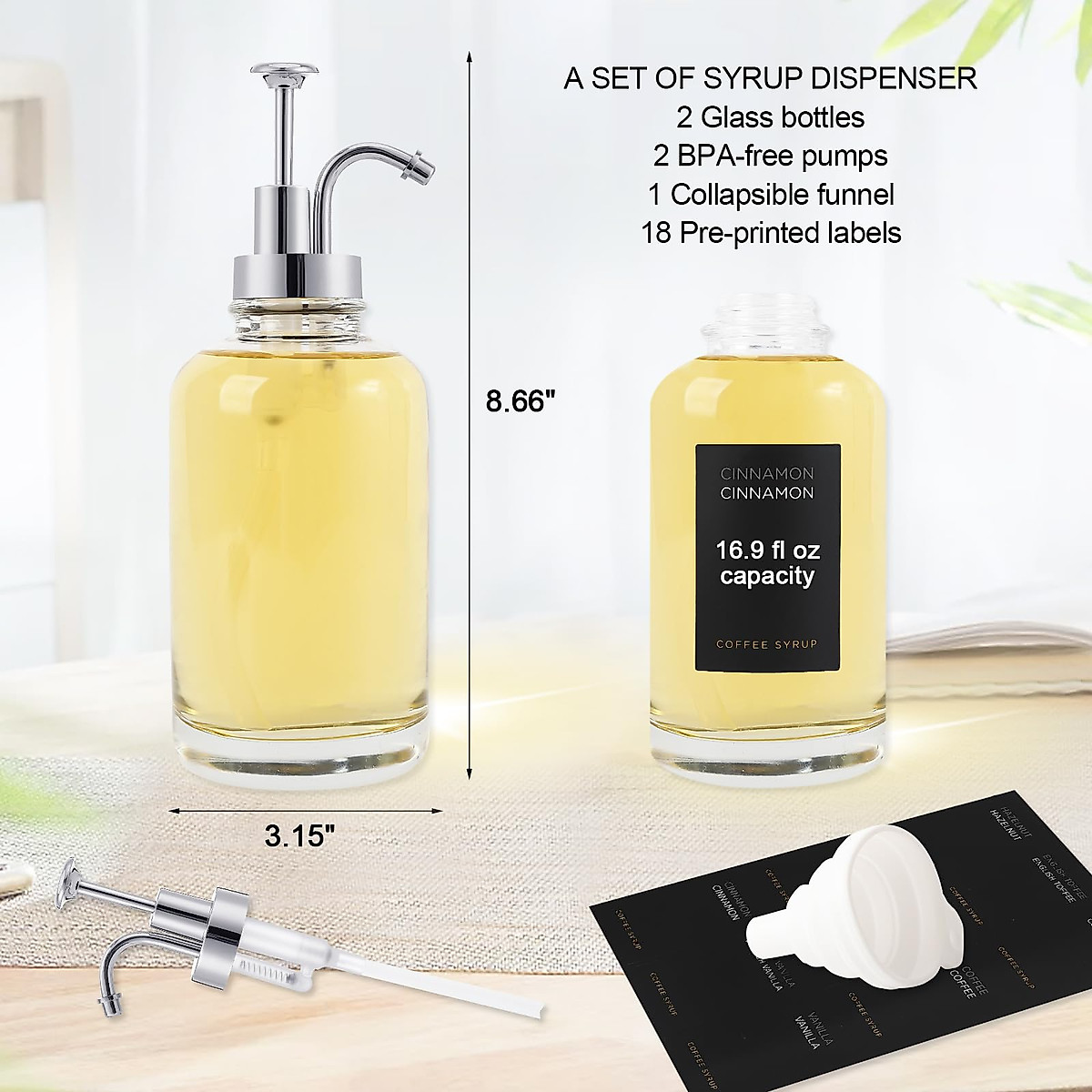 Joyfulmap Coffee Syrup Dispenser with 18 Labels, Pump Bar, Minimalist Glass Bottle, Simple Maple/Coffee Bottles w. set of Black, 16.9 oz 500 ml, 001