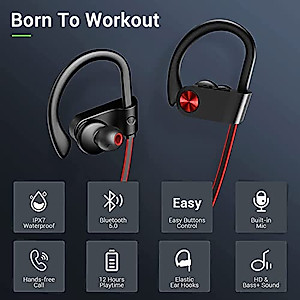 VRIFOZ Bluetooth Headphones, IPX7 Waterproof Wireless Sports Earbuds for Workout Gym, 12 Hrs Playtime Running Headphones with Noise Cancelling Mic, HiFi Bass Stereo in-Ear Earphones - RedBlack