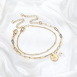 Gold Pearl Initial Bracelets for Women, 14K Gold Plated Layered Letter C Initial Bracelet Dainty Bead Charm Bracelets for Women Valentines Mother's Day Christmas Gifts for Women Gold Jewelry